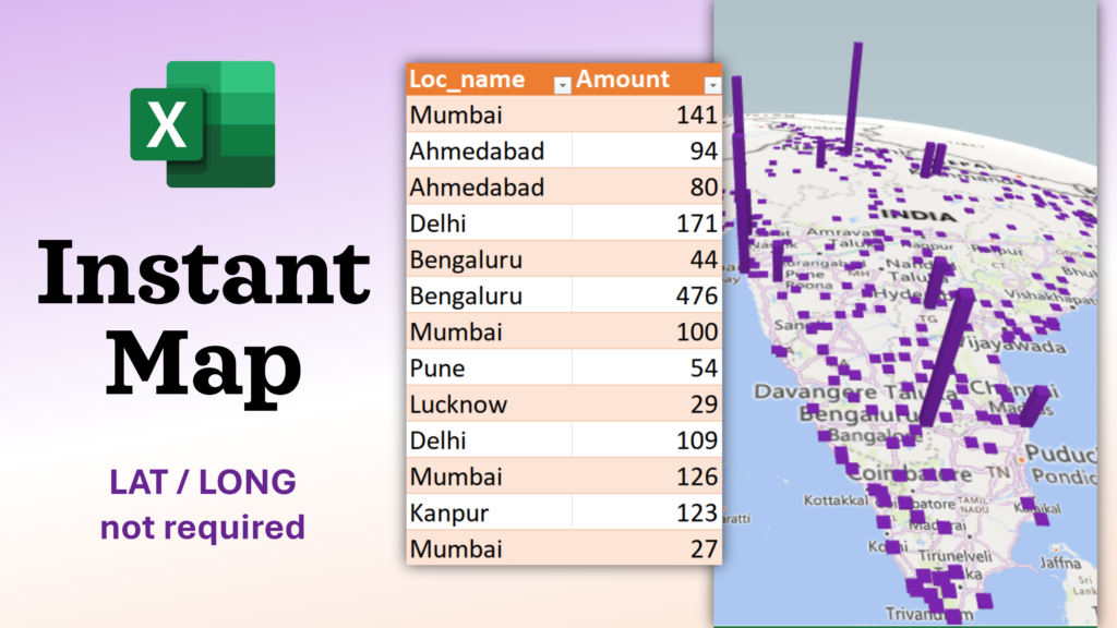 Instant 3D map from Excel data - no lat long required